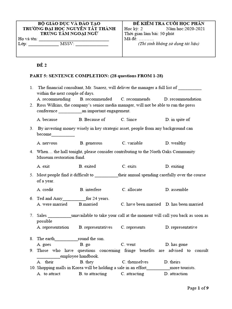 Final Exam: English Sentence Completion | PDF