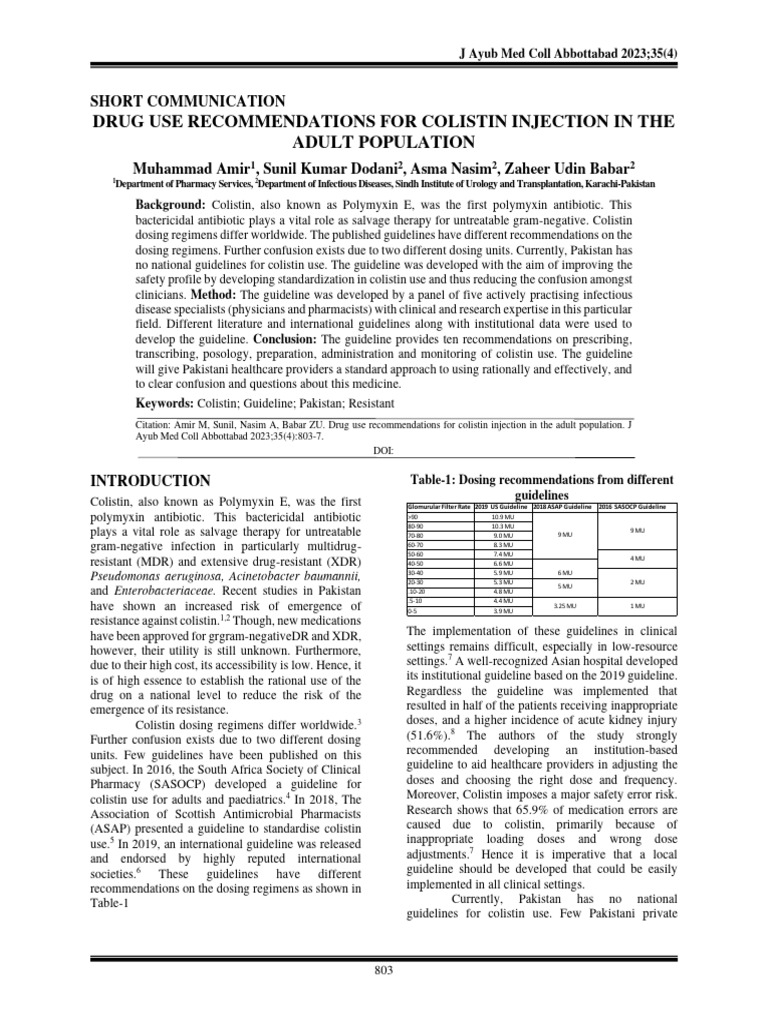 Colistin Guideline paper | PDF | Dose (Biochemistry) | Chemistry
