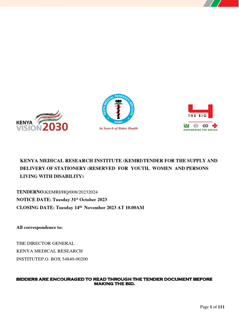 Kemri HQ 008 2023 2024 Tender For Supply and Deliivery of Stationery | PDF | Procurement | Joint ...