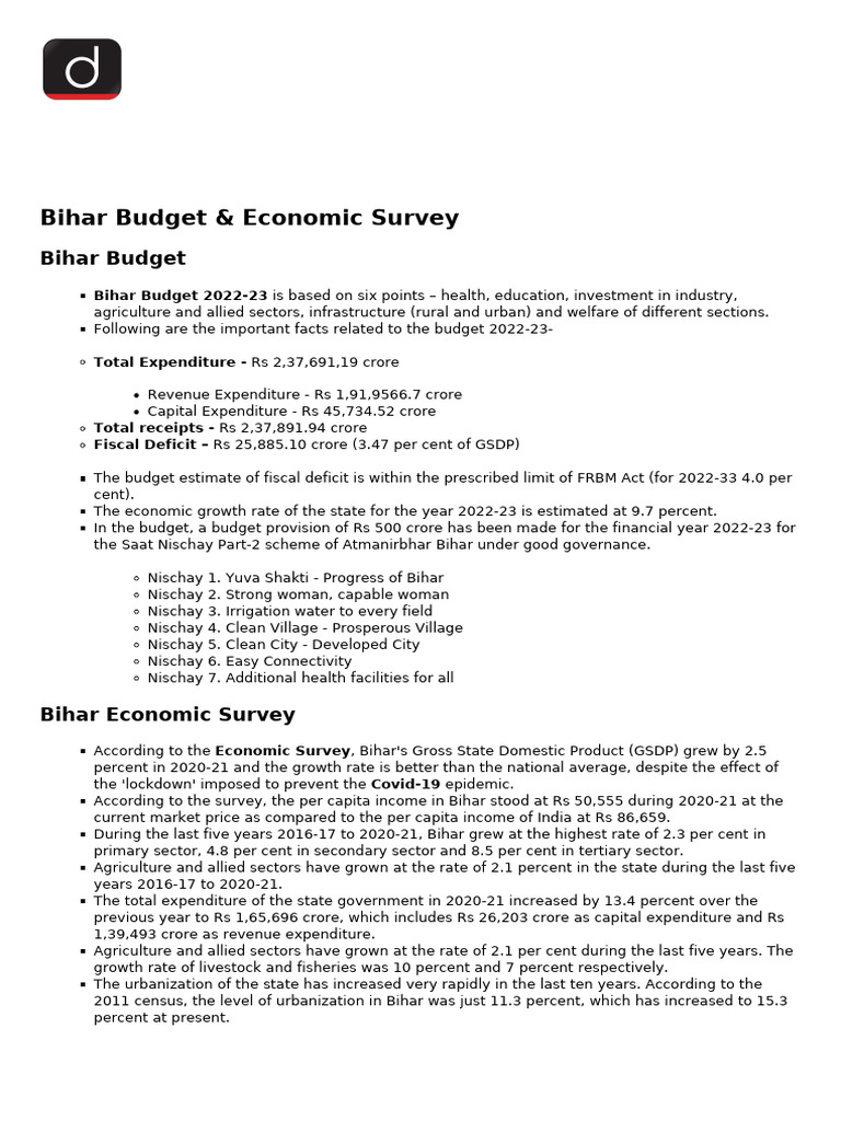Bihar Budget & Economic Survey 2022-23 | PDF | Gross Domestic Product ...