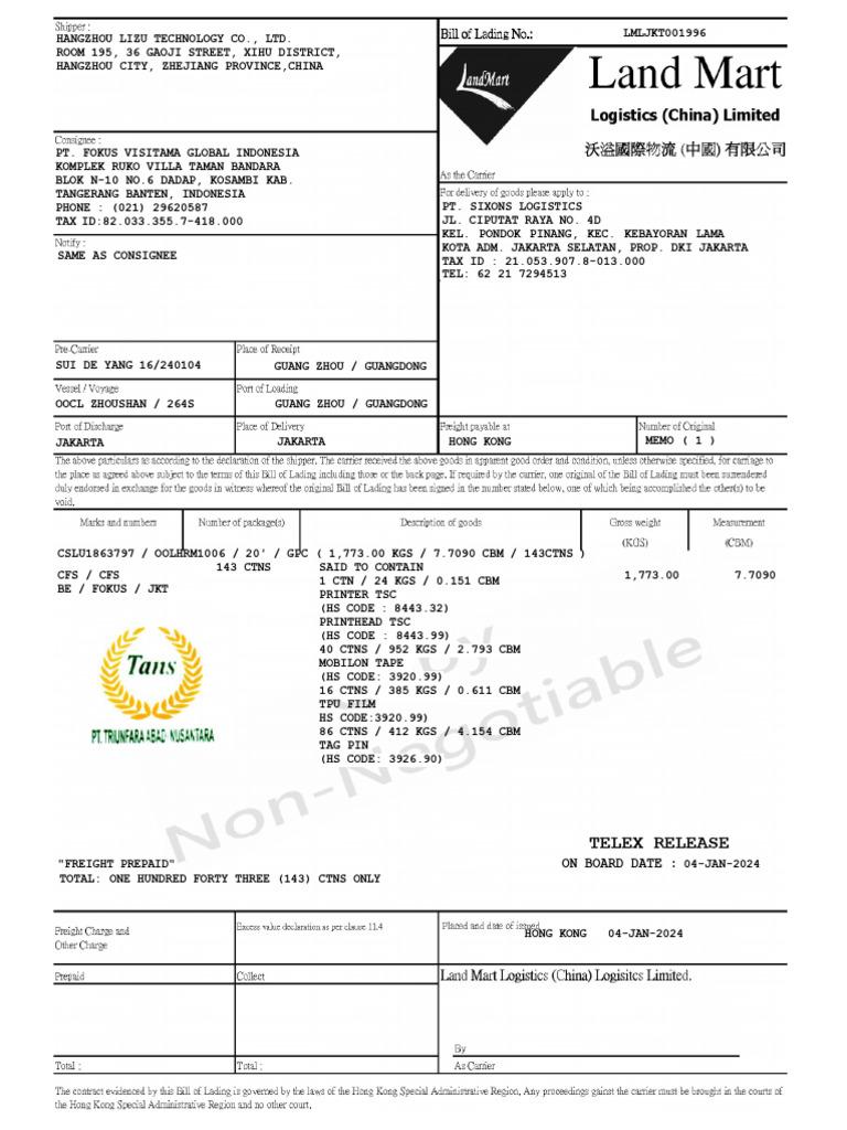 Telex Release: On Board Date | PDF