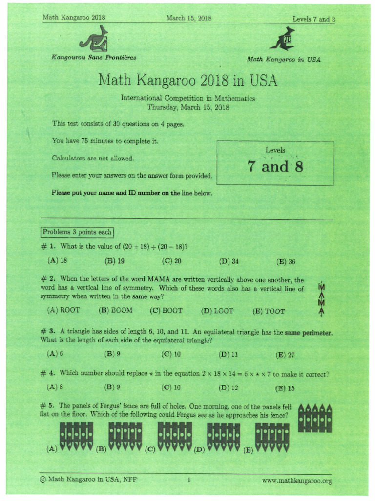 Math Kangaroo 7&8 | PDF