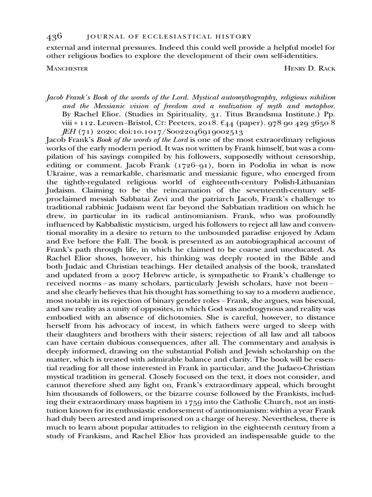 Rachel Elior Jacob Franks Book of The Wo | PDF