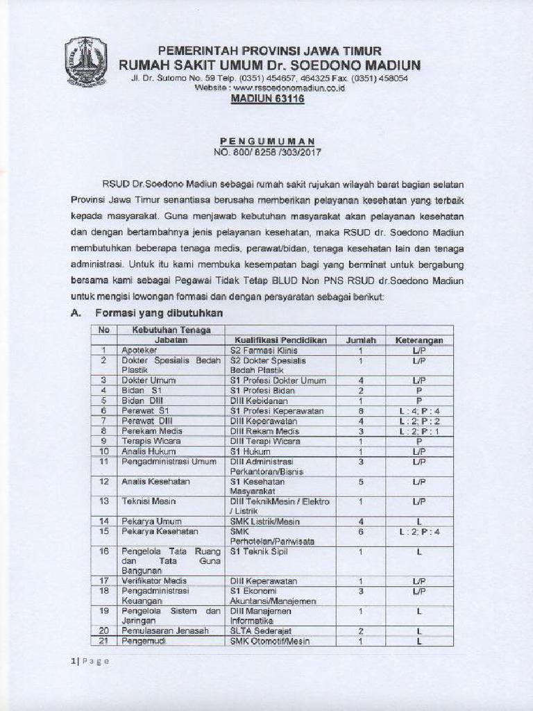 Pengumuman Rekrutmen Blud Soedono | PDF