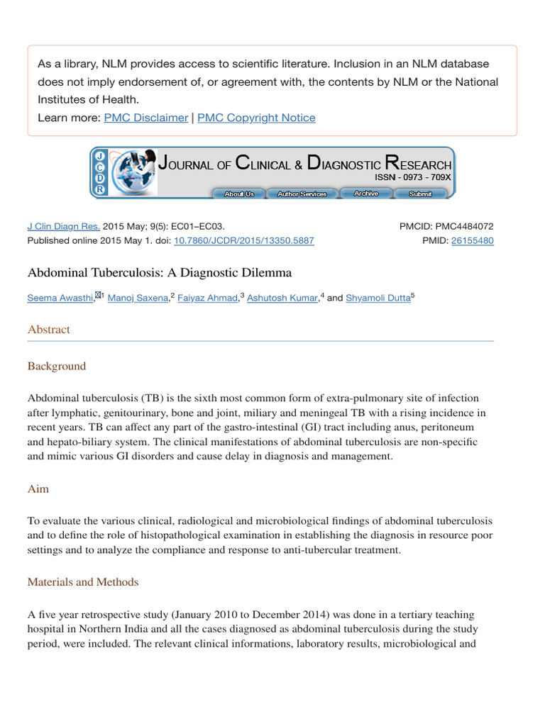 Abdominal Tuberculosis: A Diagnostic Dilemma - PMC | Download Free PDF | Tuberculosis | Medicine