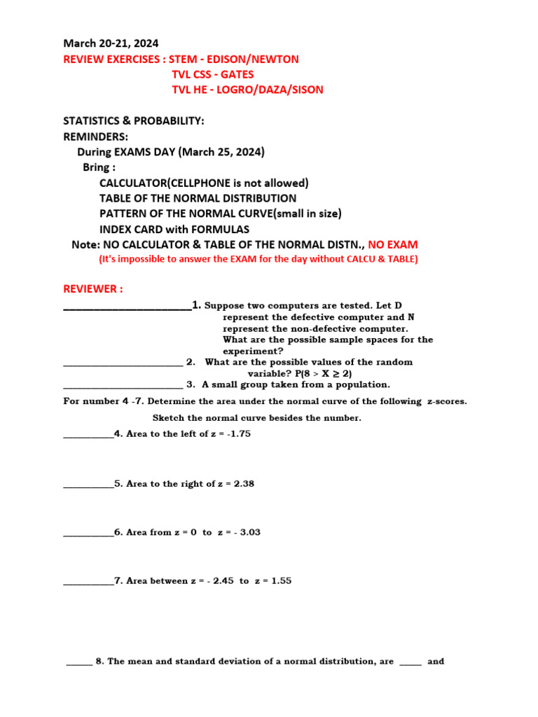 STAT.-PROB.-REVIEWER-2024 | PDF | Normal Distribution | Probability Distribution