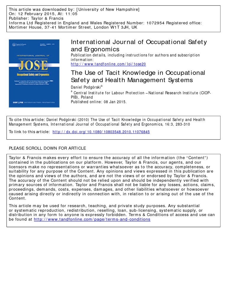 The Use of Tacit Knowledge in Occupational Safety and Health Management Systems | PDF | Tacit ...
