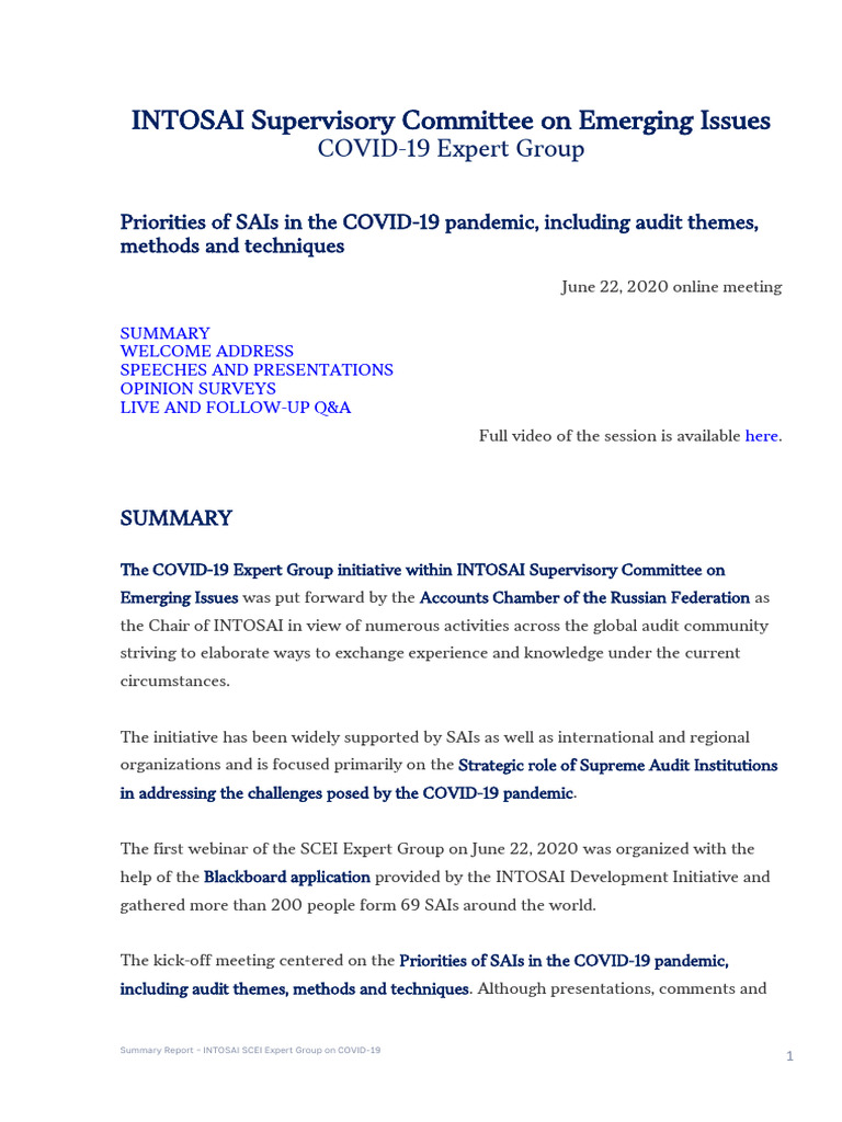 INTOSAI SCEI COVID-19 Expert Group Priorities of SAIs in The COVID-19 ...