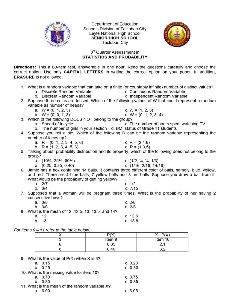 3RD Quarter Test Questions 2023-2024 | PDF | Variance | Standard Deviation