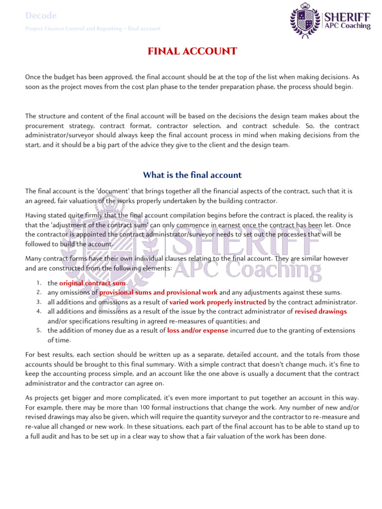 Decoding - Contract Practice - Contract Administration - Final Account | PDF | Project Finance ...