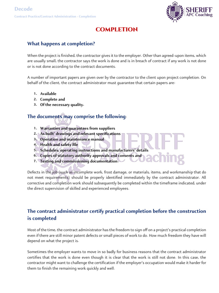 Decode -Contract Practice_Contract Administration -completion | PDF | Employment | Business