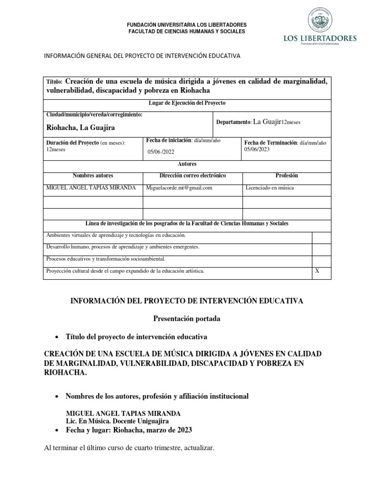 La Guajir: Información General Del Proyecto de Intervención Educativa | PDF | Aprendizaje ...