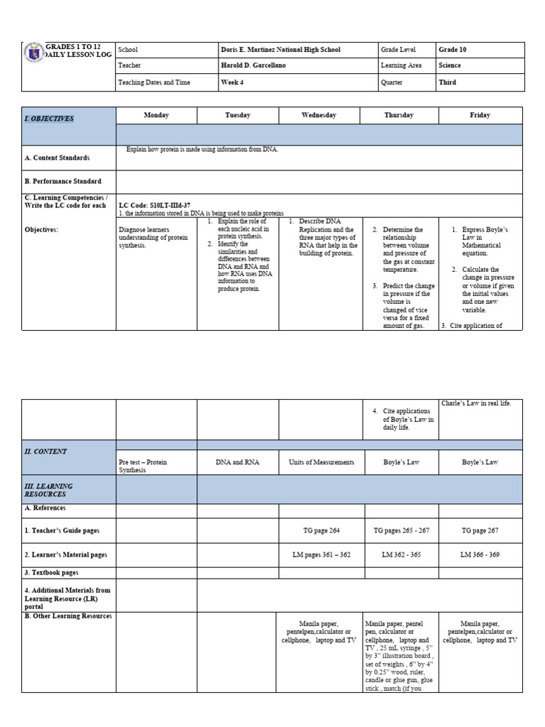 Grade 10 Science Lesson Plan | PDF | Gases | Learning