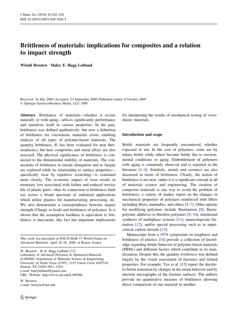 Brittleness of Materials: Implications For Composites and A Relation To ...