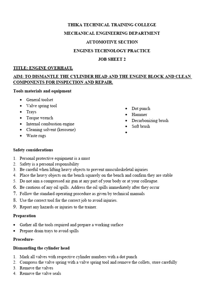 Engine Overhaul Procedure Guide | PDF | Engines | Internal Combustion ...