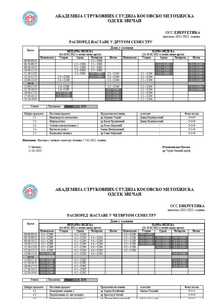 1 Raspored Nastave Za II IV I VI Semestar - EN - MM 2021 - 22 | PDF