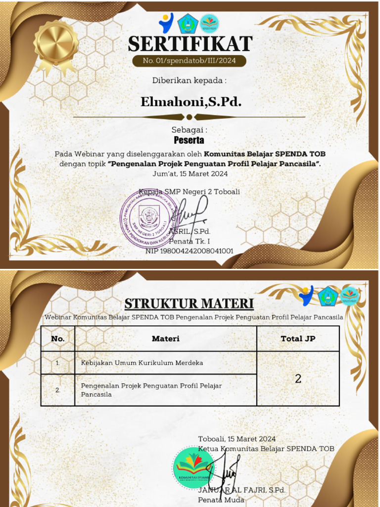 SERTIFIKAT WEBINAR PENGENALAN PROFIL PELAJAR PANCASILA SPENDA TOB-Elmahoni,S.Pd. | PDF