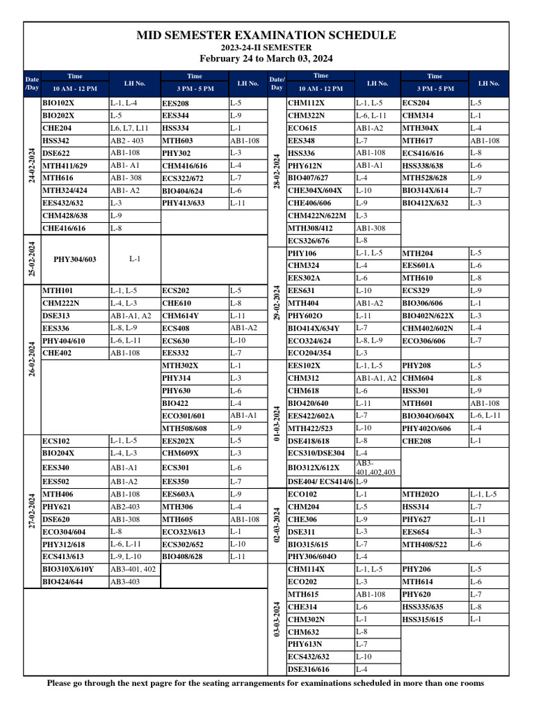 Mid Semester Examination Schedule 2023 24 I | PDF