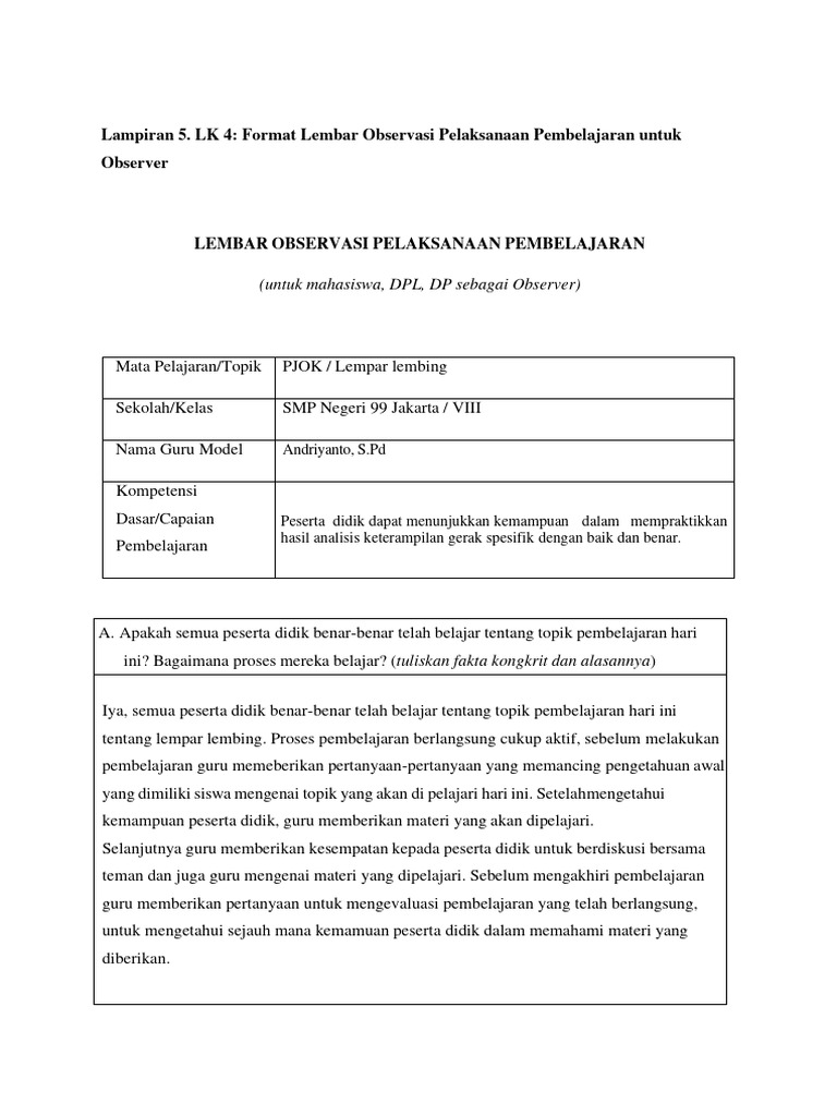 01.05.6-B4-5 Unggah LK 4 - Lembar Observasi Pembelajaran - Siklus 1 | PDF