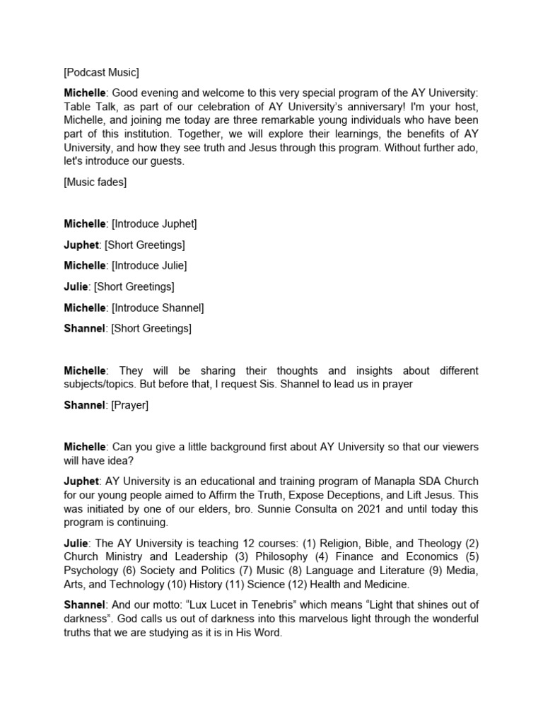 Table Talk Script | PDF | Faith | Sermon