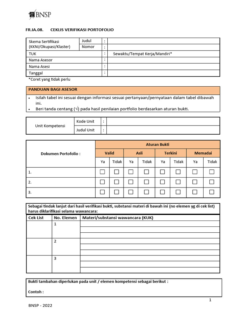FR. IA. 08 Ceklis Verifikasi Portofolio | PDF