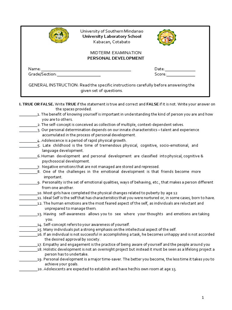 Personal Development Midterm Exam | PDF | Self Concept | Adolescence