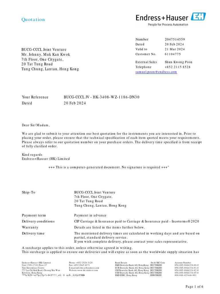 Quotation E+H | PDF | Logistics