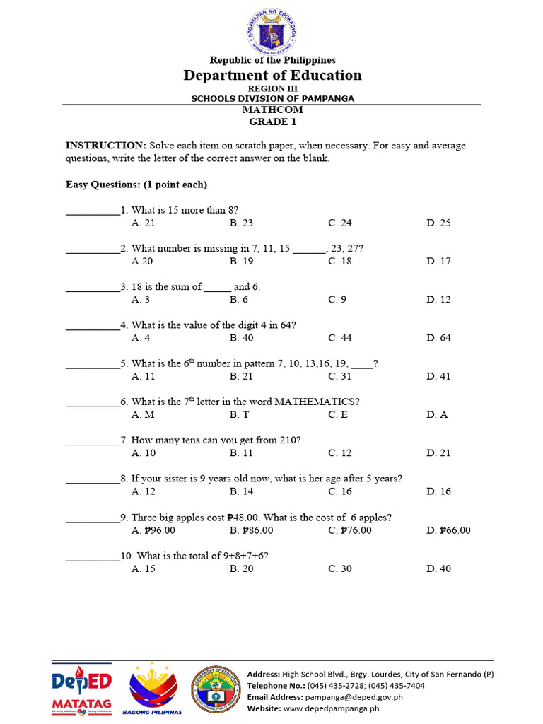 Grade 1 Math Exam Questions | PDF | Currency | Numismatics