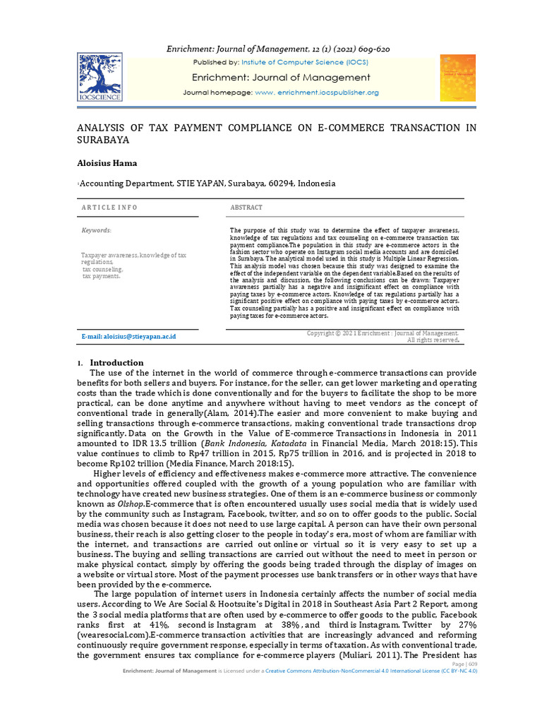 Analysis of Tax Payment Compliance On E-Commerce Transaction in Surabaya | PDF | Taxes | E Commerce