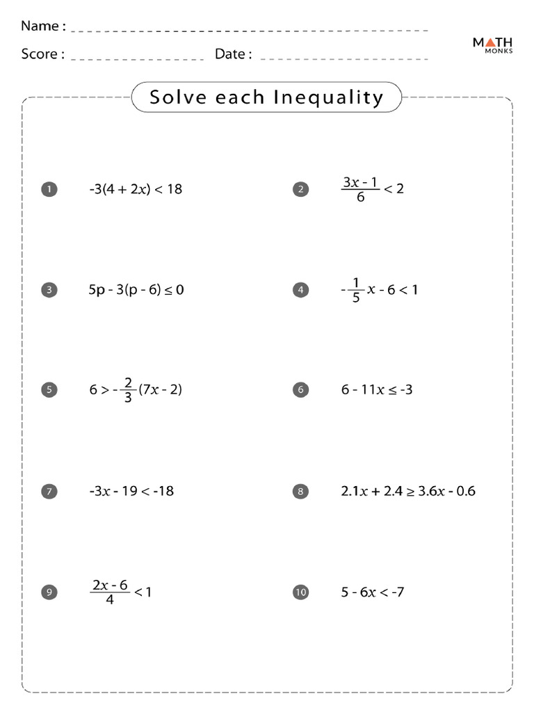 9th Grade Inequalities Worksheet | PDF