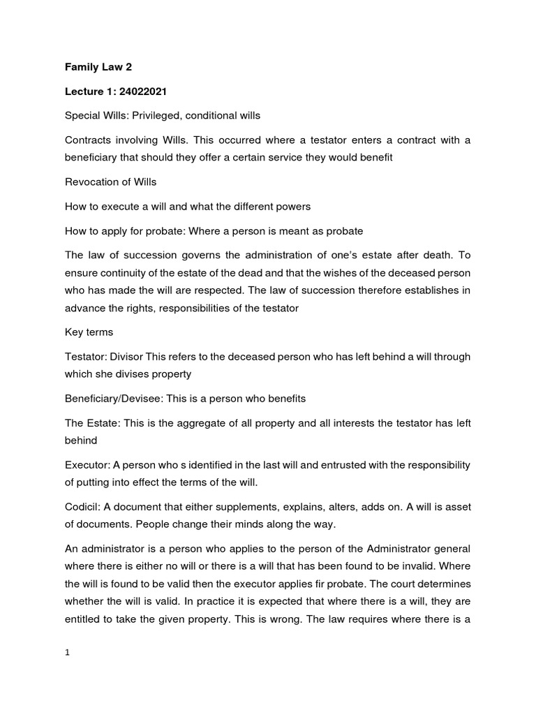 Family Law 2 Notes 310321 | PDF | Will And Testament | Probate
