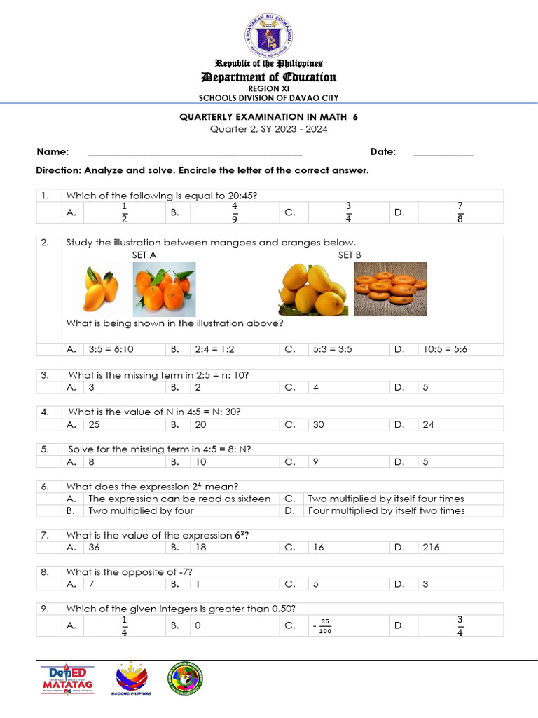 MATH 6 QUARTER 2 Periodical Exam | PDF | Elementary Mathematics ...