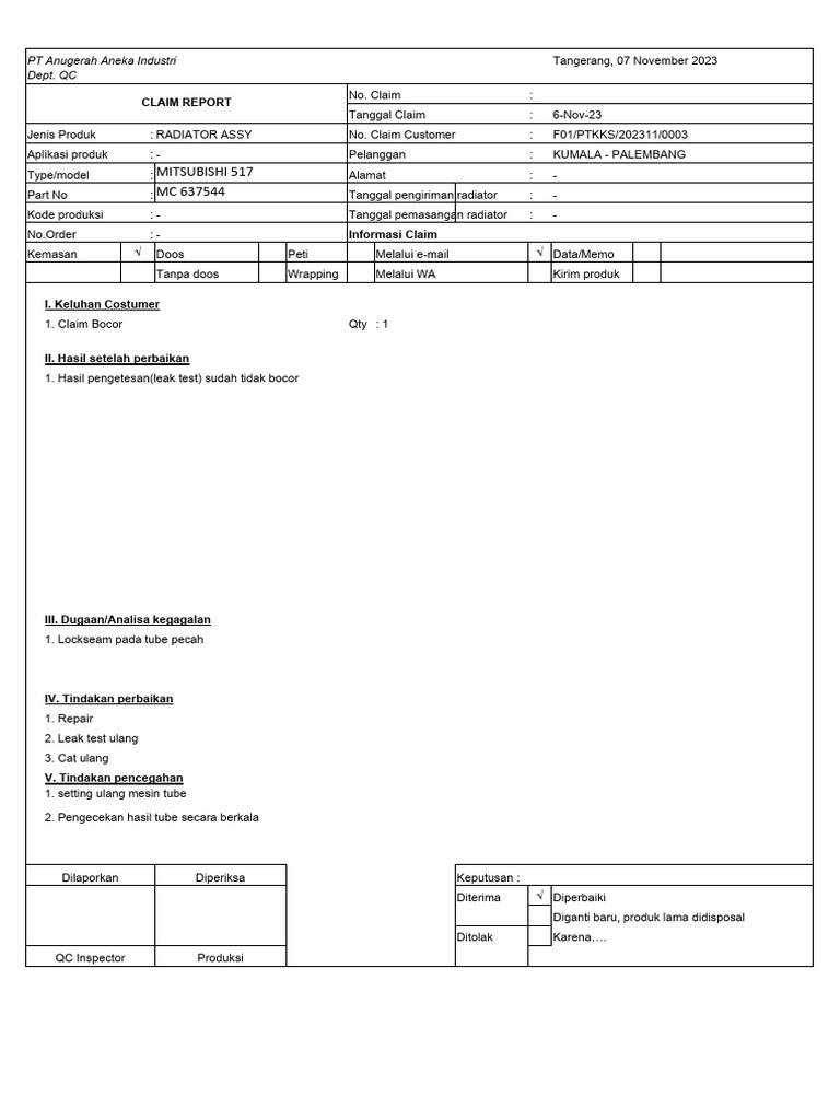 Form Claim Radiator Auto (MITSUBISHI 517) | PDF