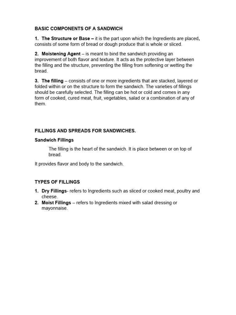 Basic Components of a Sandwich | PDF | Salad | Sausage