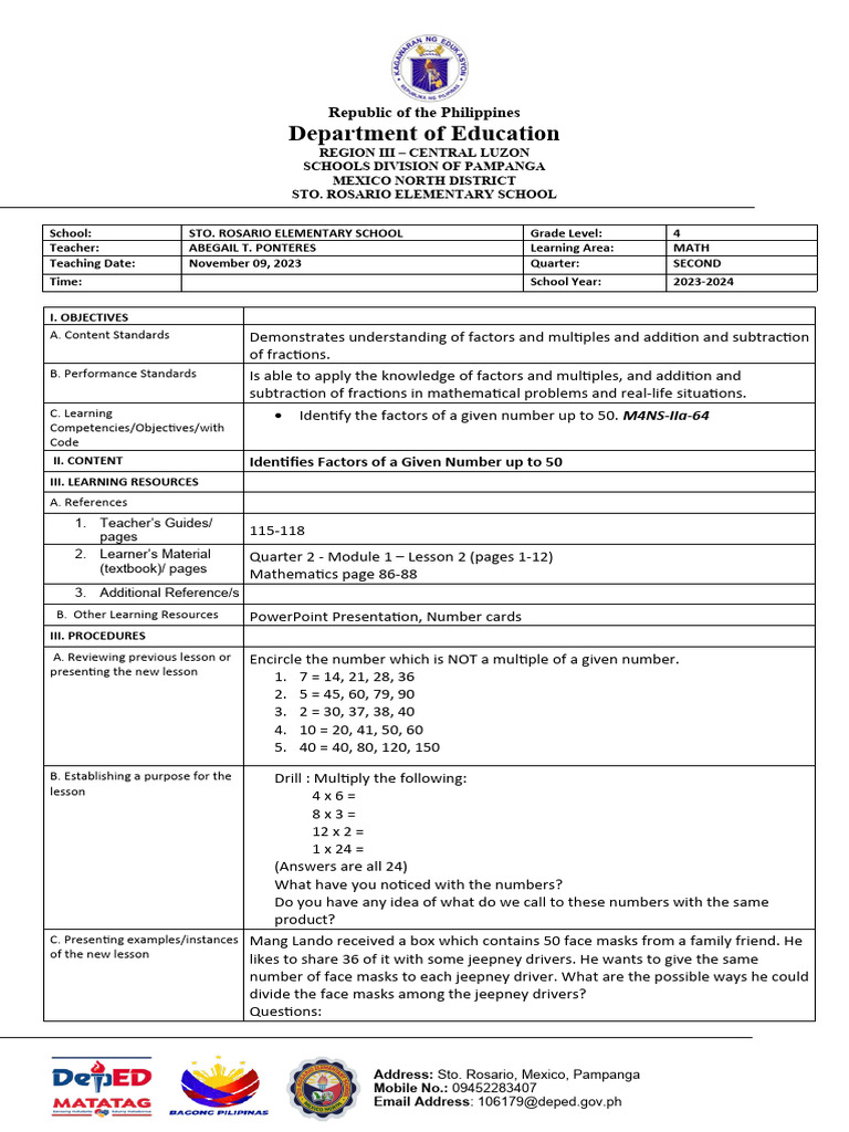 Semi-Detailed lesson plan in Math | PDF | Mathematics | Learning