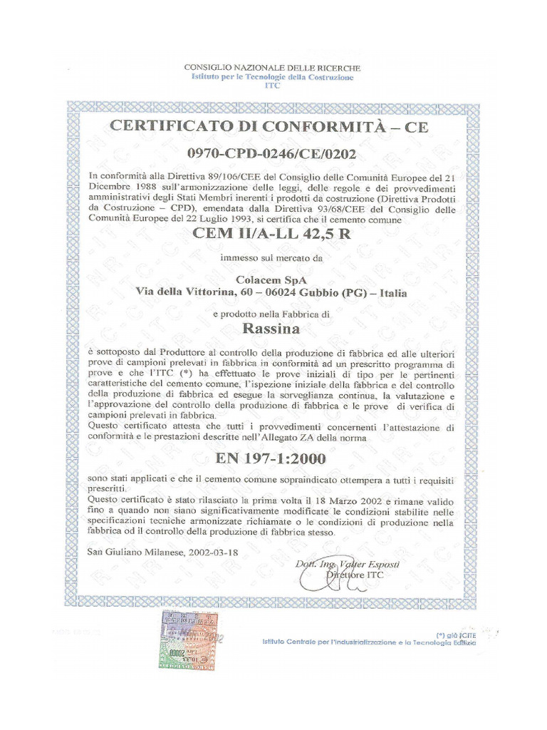 Certificato Di Conformità Cemento Colacem | PDF