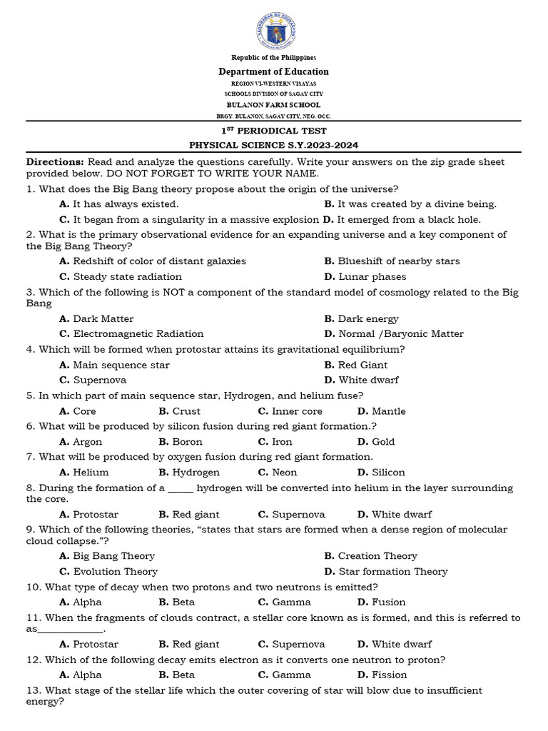 1st Quarter Examination in Phy. Sci 2023-2024. | PDF | Biomolecules | Stars