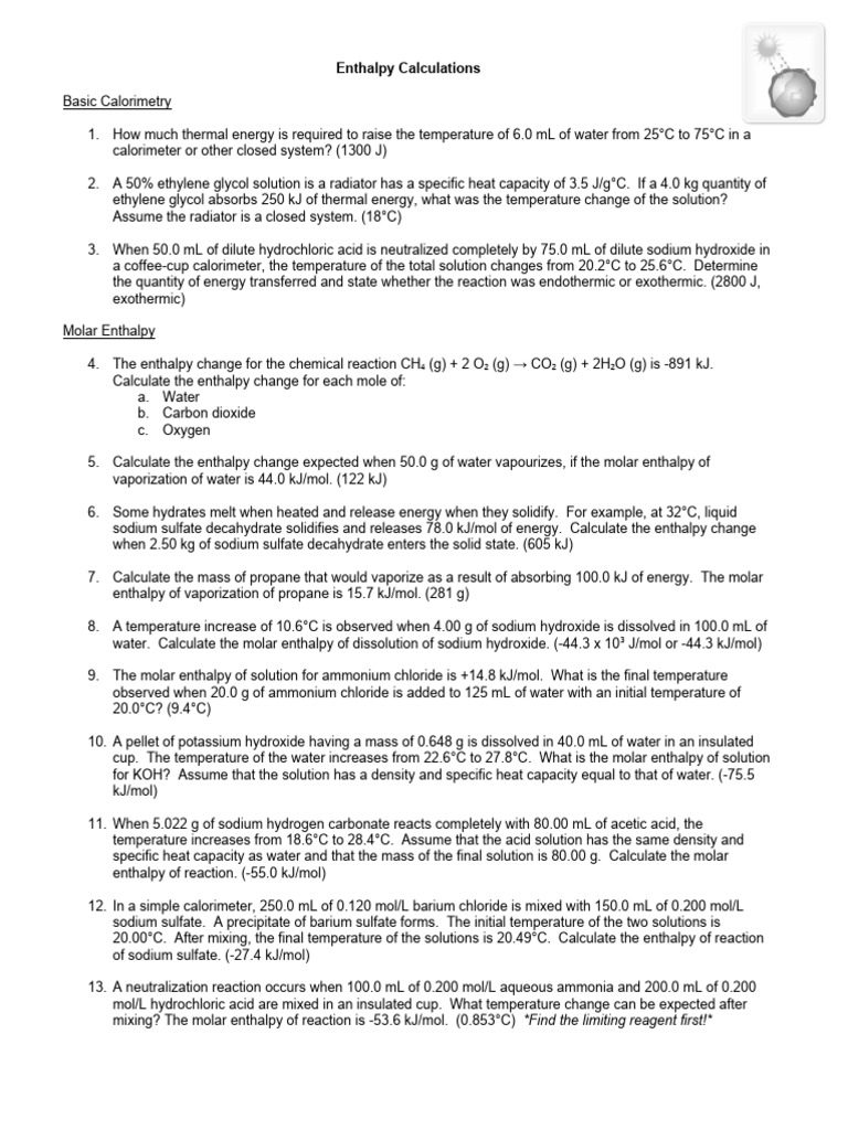 12_u_thermo_lesson_2_enthalpy_calculations_worksheet | PDF | Sodium ...