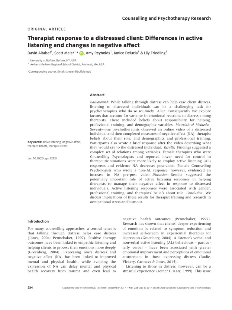 Therapist Negative Affect and Active Listening To A Distressed Client ...