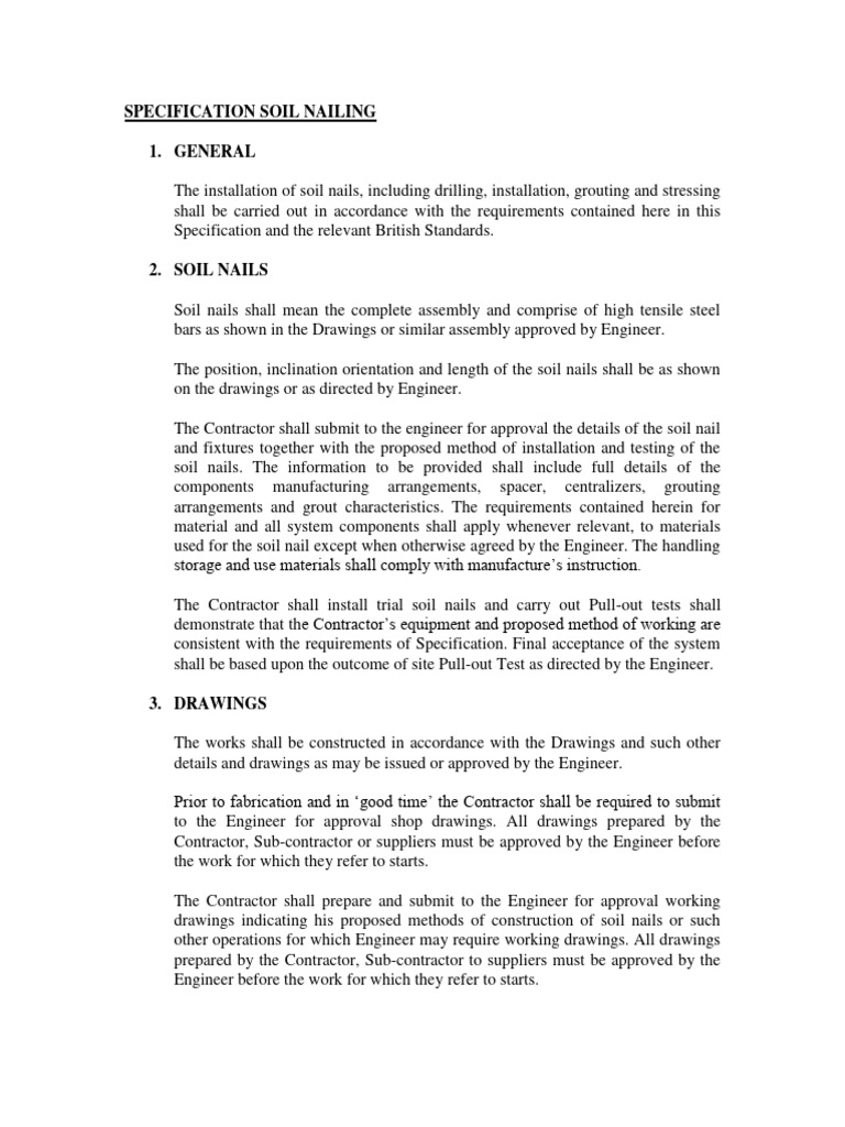 SPECIFICATION_SOIL_NAILING | PDF | Cement | Specification (Technical ...