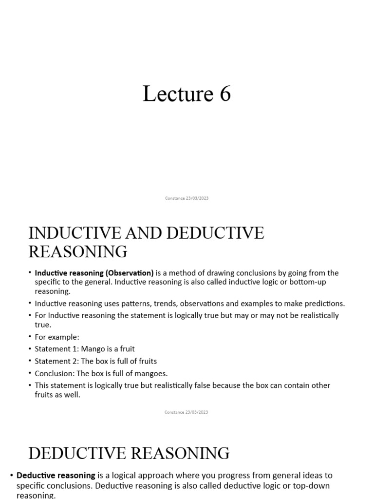 LECTURE 6 | PDF | Inductive Reasoning | Deductive Reasoning