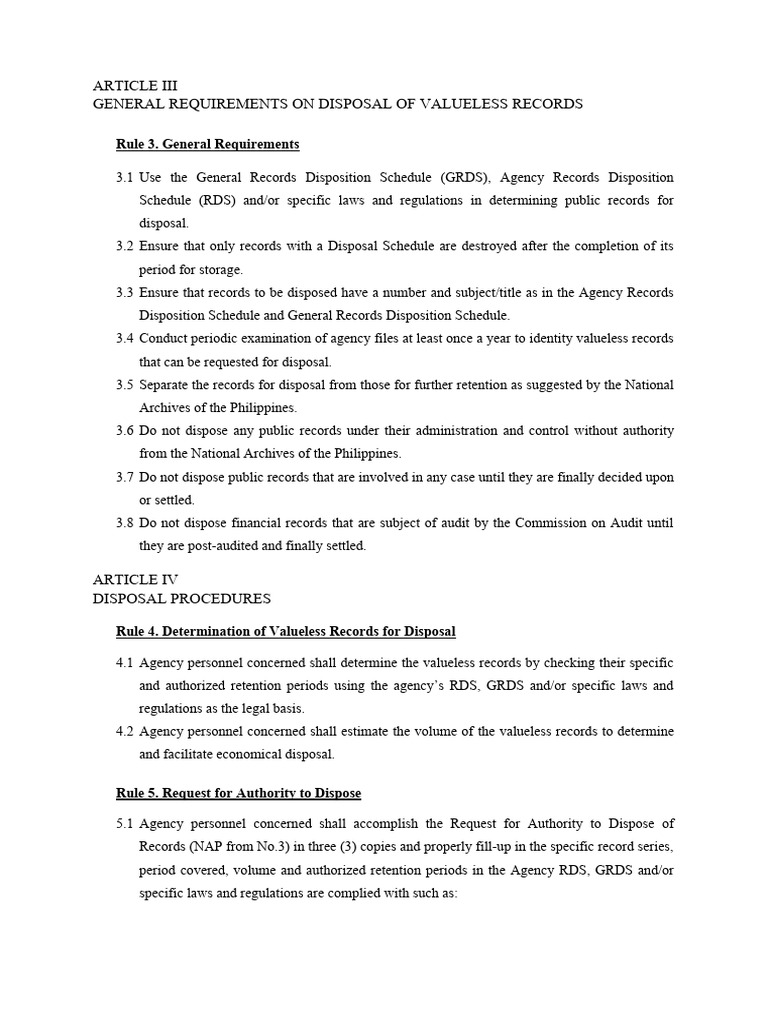 ARTICLE III Disposal of Valueless Records | PDF | Audit | Procurement