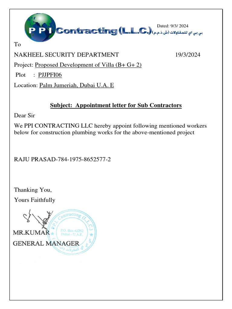 Subject: Appointment Letter For Sub Contractors: Dated: 9/3/ 2024 | PDF ...