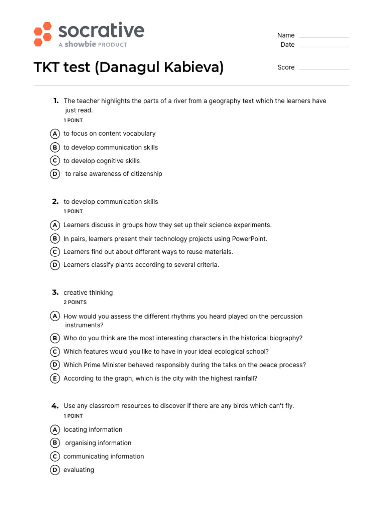 Quiz - TKT Test (Danagul Kabieva) | PDF | Cognition | Cognitive Science