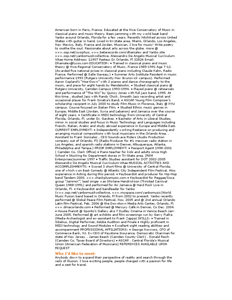 Alessandro (Resume) | PDF | Sound | Leisure