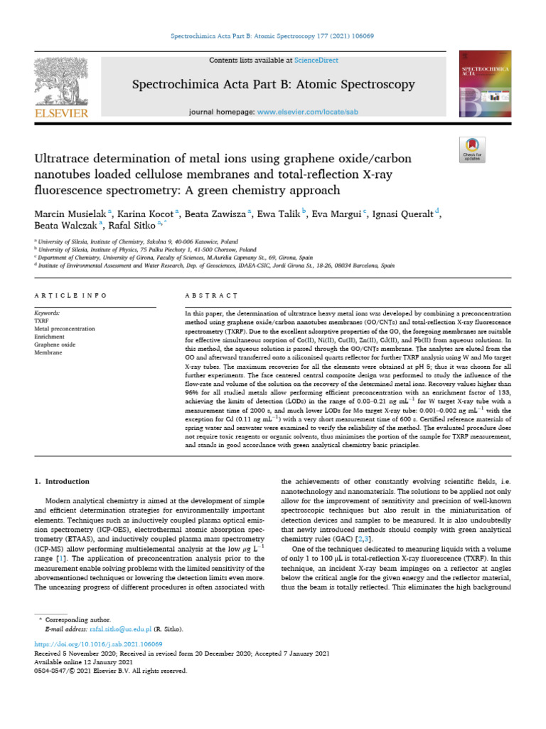 Musielak Ultratrace Determination of Metal Ion Using Graphene and TXRF ...