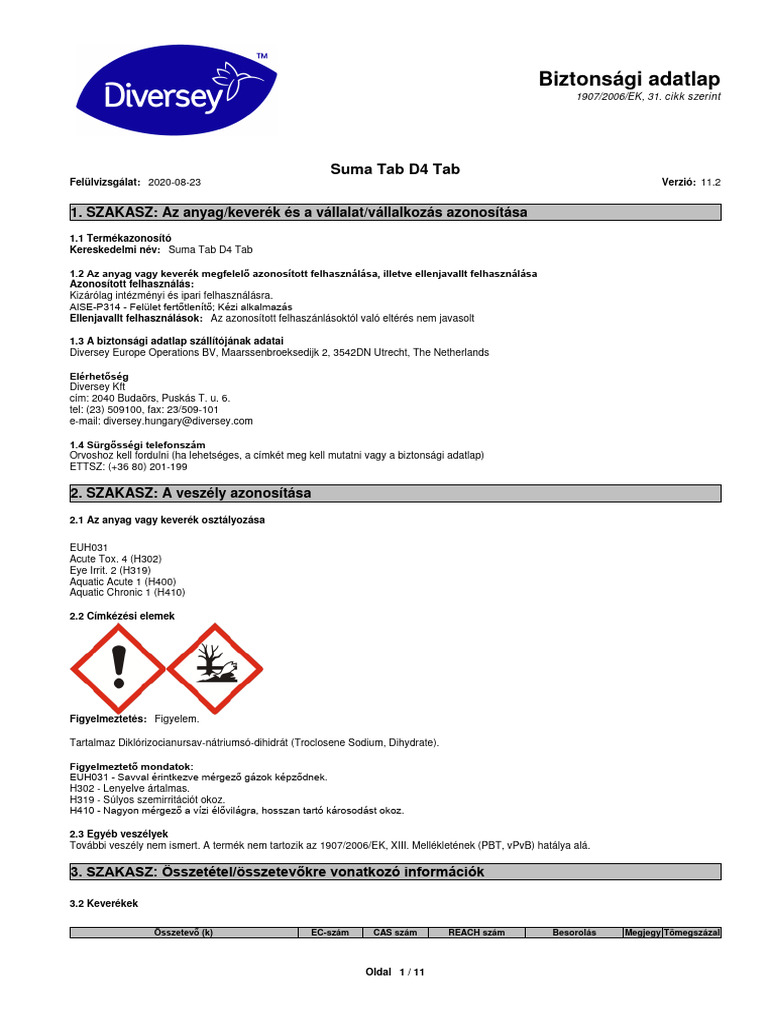D4 Suma Tab Biztonsági Adatlap | PDF