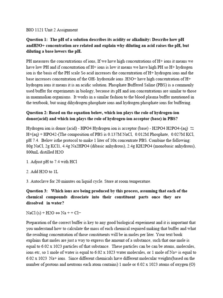 BIO 1121 Unit 2 Assignment | PDF | Mole (Unit) | Ph BIO 1121 Unit 2 Assignment | PDF | Mole (Unit) | Ph