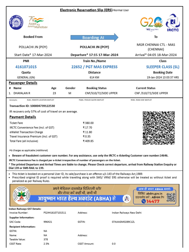 PGT Mas Express Sleeper Class (SL) : Electronic Reserva On Slip (ERS ...