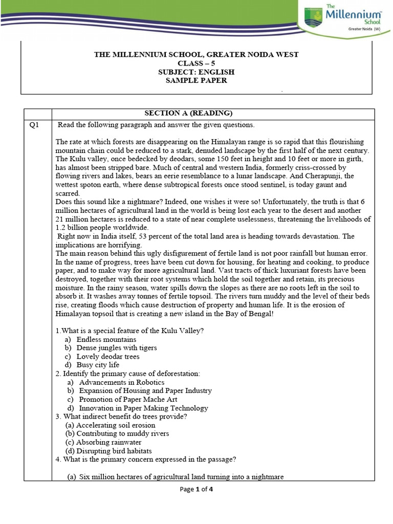 class 5 sample paper ut | PDF | Soil Fertility | Human Impact On The ...